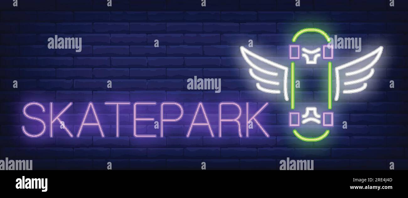 Skate park neon sign. Skateboard in wings on brick background Stock ...