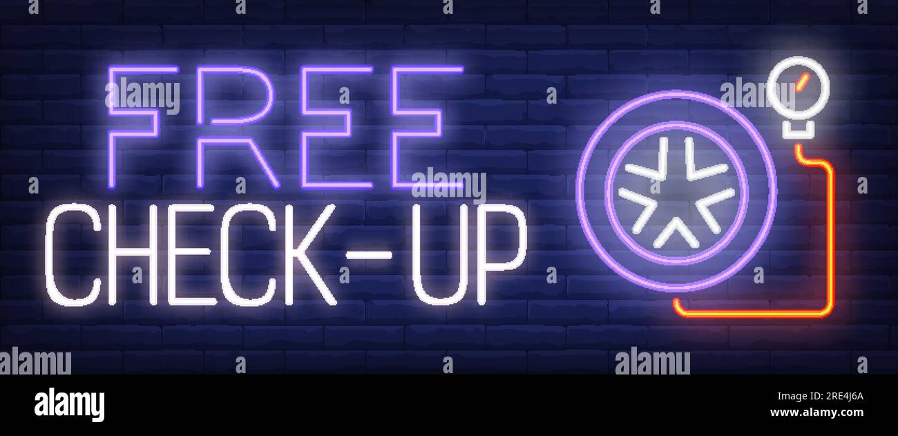 Free check-up neon text with tire and pressure gauge Stock Vector Image ...