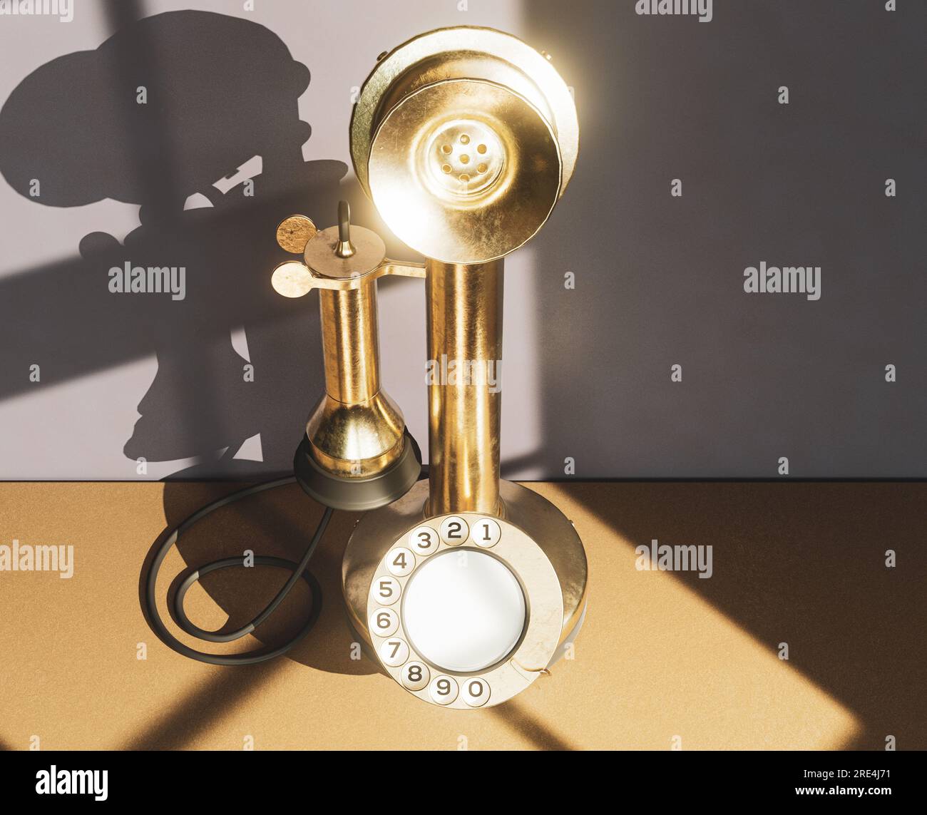 A vintage retro candlestick bell telephone made of brass on a shelf in ...