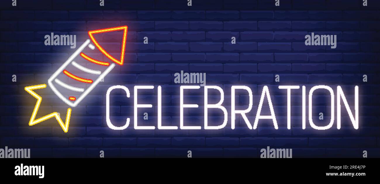 Celebration neon sign. Firecracker on brick background Stock Vector ...