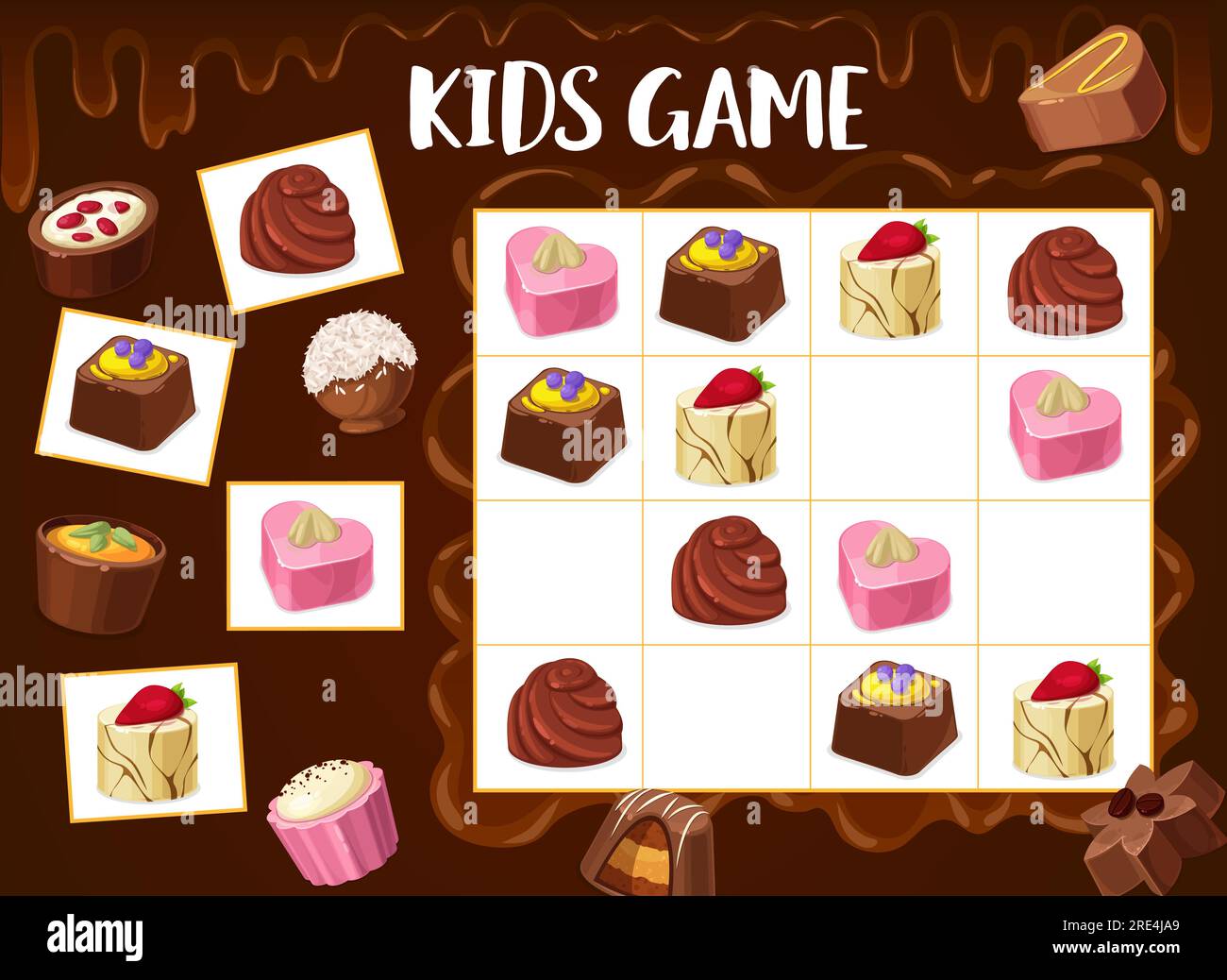 Sudoku game chocolate truffle, roasted nuts candy, praline sweets. Kids ...