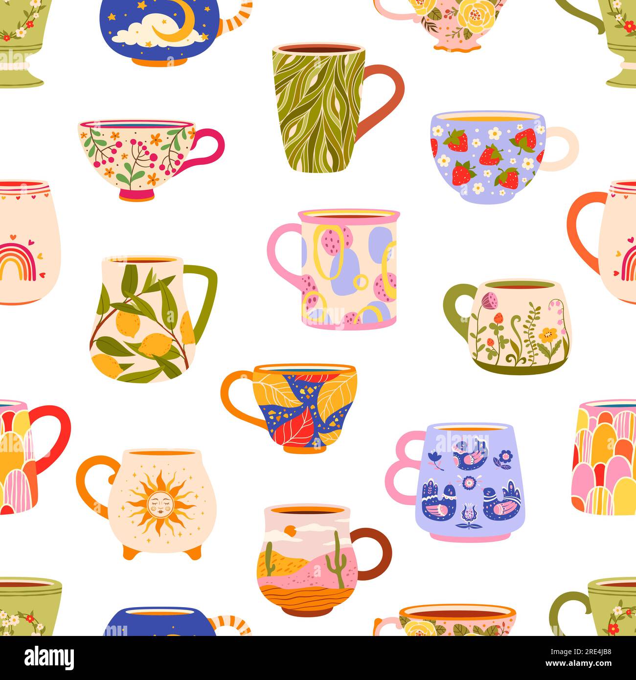 Ceramic tea cups and coffee mugs seamless pattern. Vector background of ...