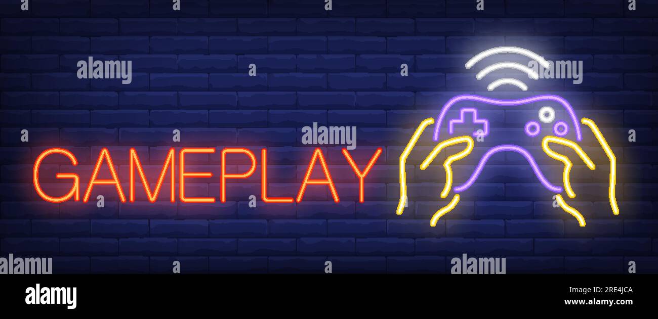 Gameplay neon text with hands holding joystick Stock Vector Image & Art ...