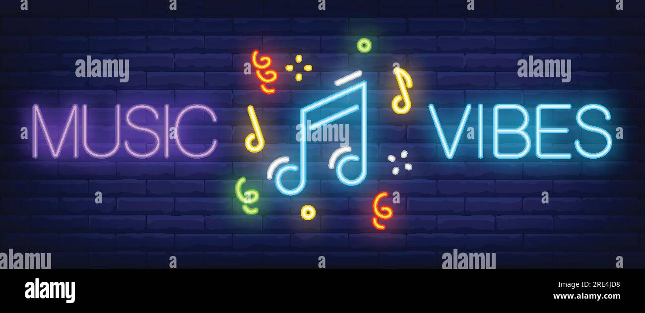 Music vibes neon sign. Notes on brick background Stock Vector Image ...