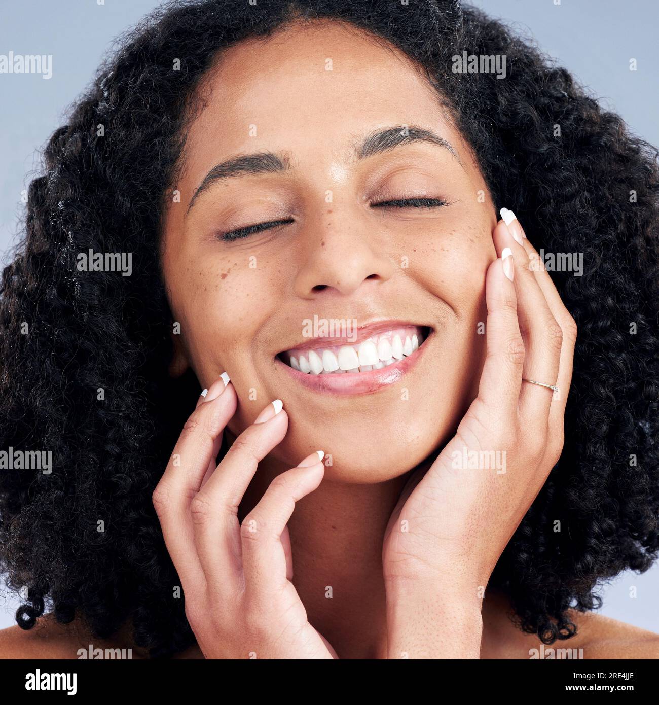 Happy woman touch face, pout, beauty and natural skincare, cosmetics ...