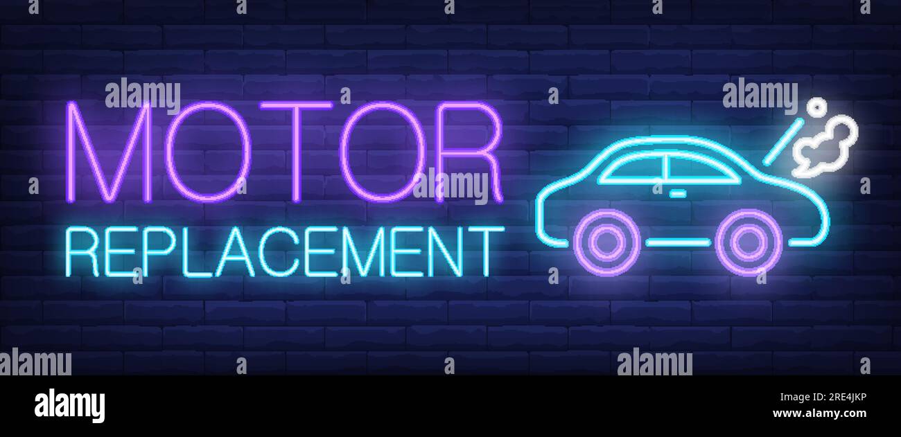 Motor replacement neon text and car with smoking engine Stock Vector ...