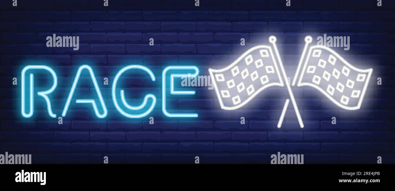 Race neon sign. Starting flags on brick background Stock Vector Image ...