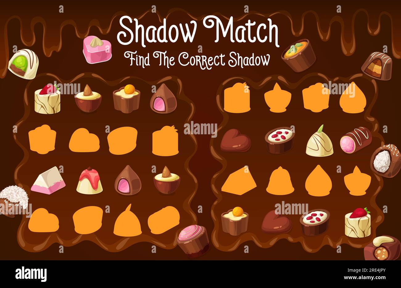 Chocolate truffle, roasted nuts candy, praline sweets shadow match kids ...