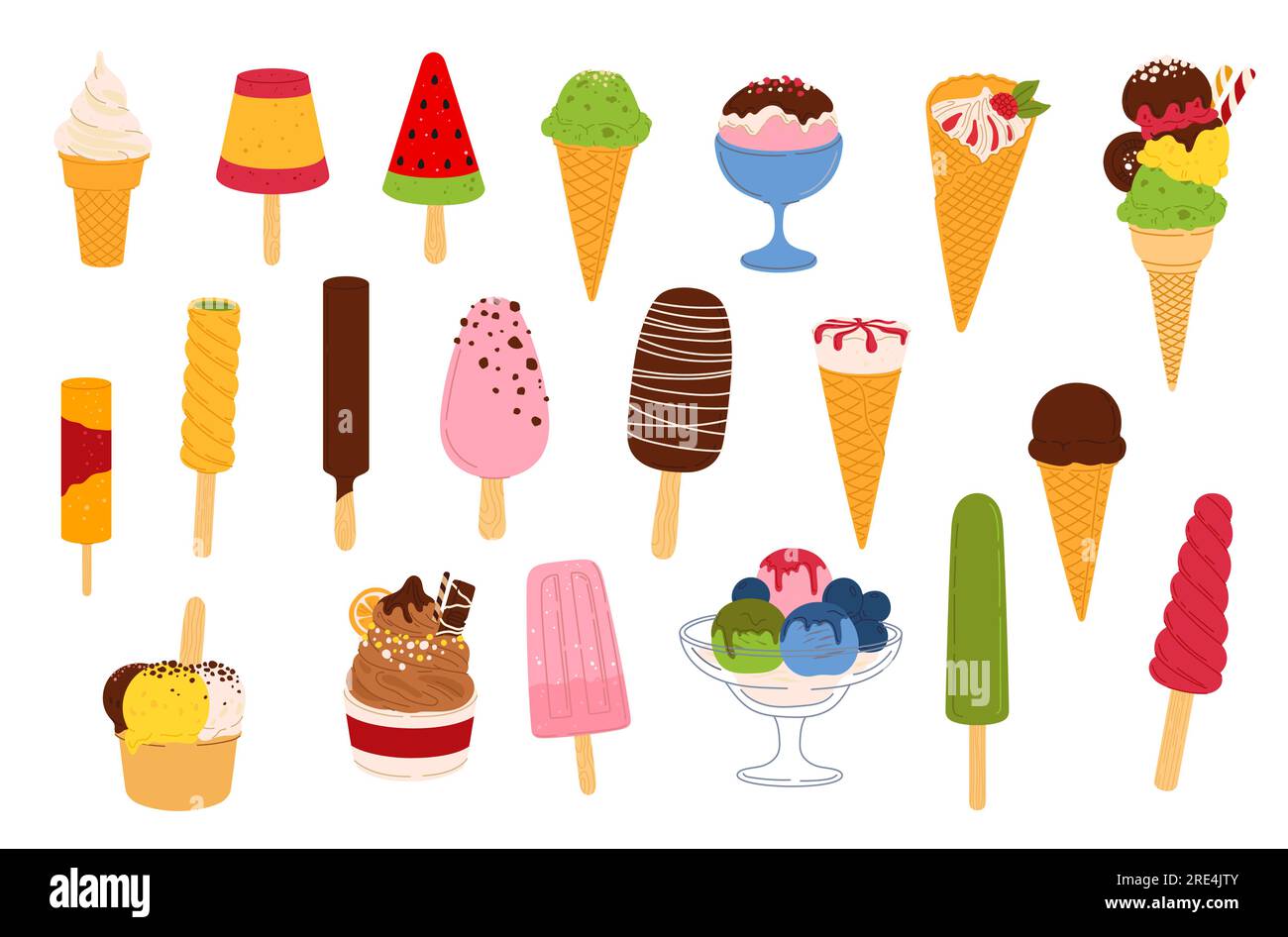 Ice cream dessert, vector food. Summer ice cream waffle cones with ...