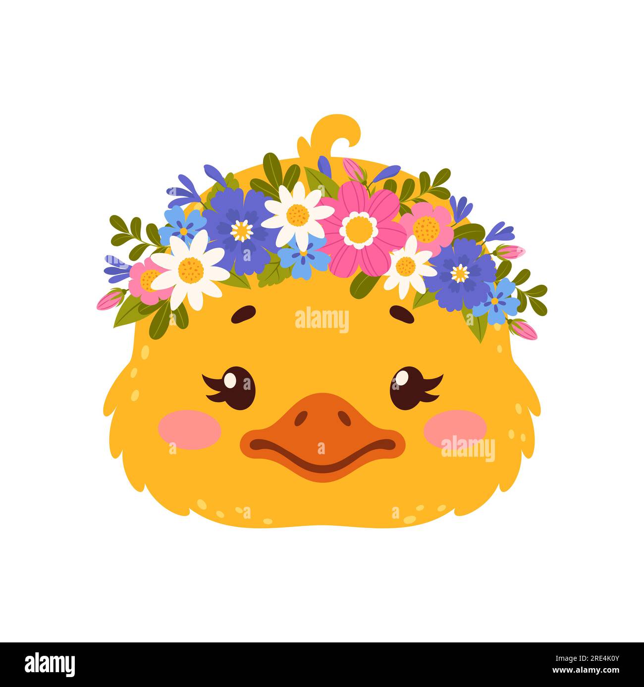 Cartoon face of duck character with cute flower crown on head. Vector ...