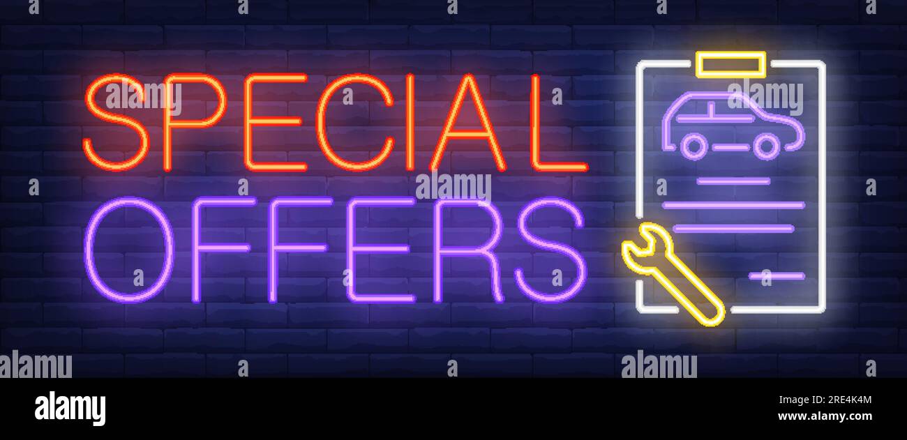 Special offers neon text with car on clipboard and wrench Stock Vector ...