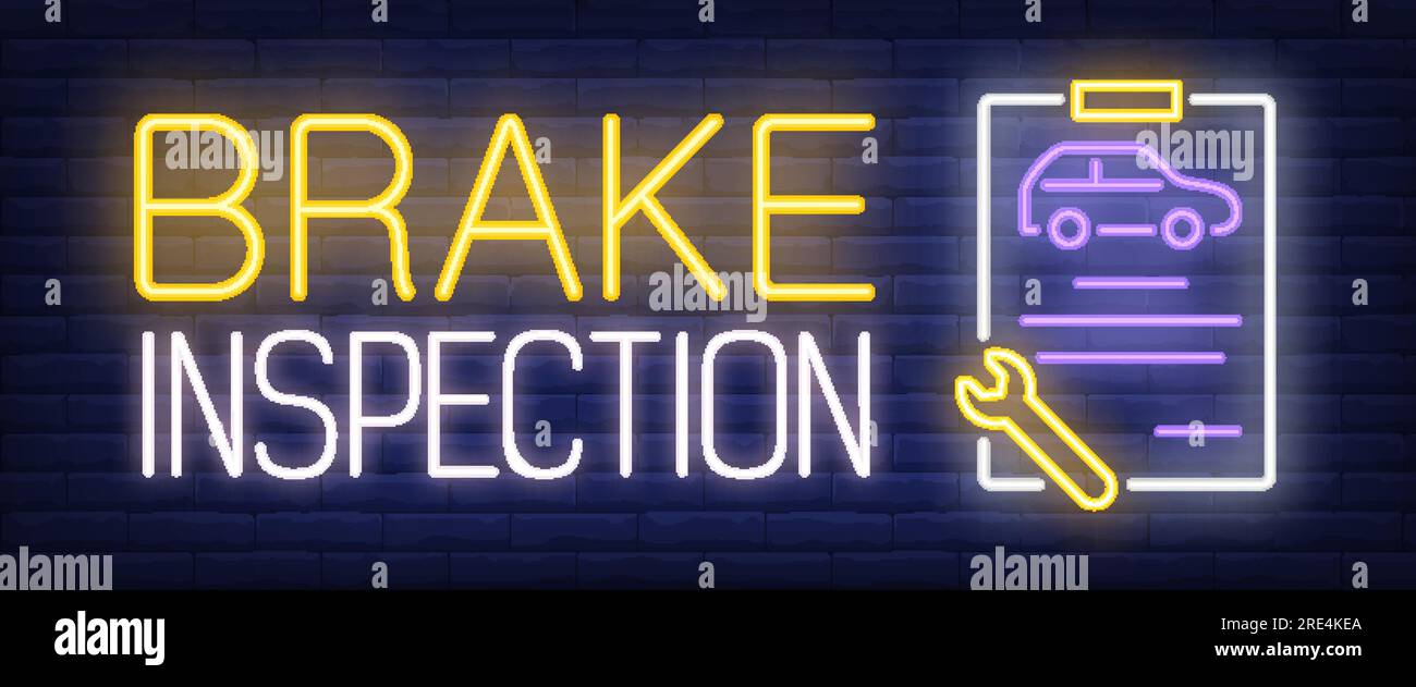 Brake inspection neon text with car on clipboard and wrench Stock ...