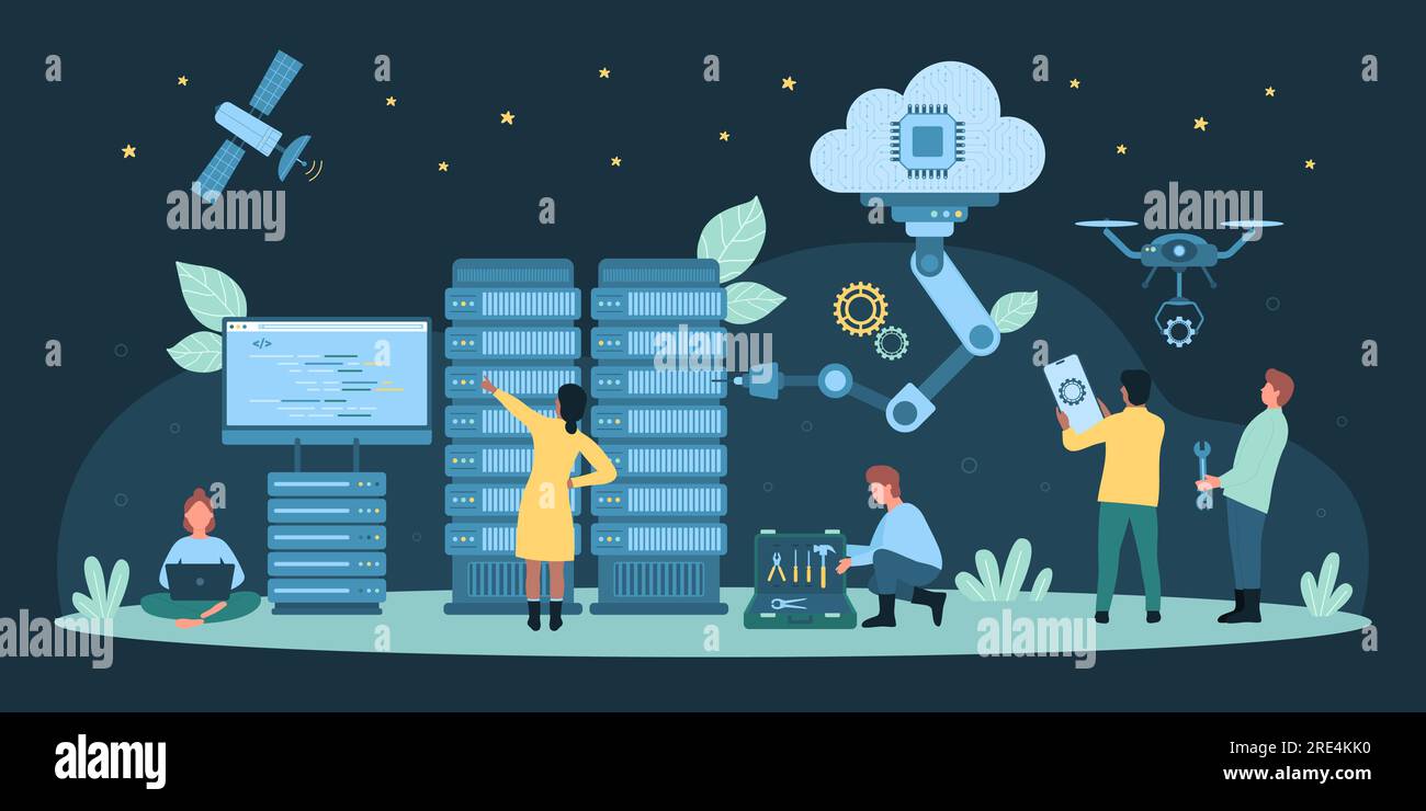 Cartoon tiny people work in team with computers, servers, robot arms to ...