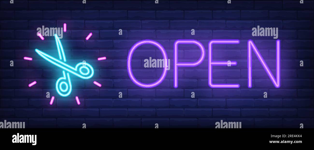 Open neon text with shining scissors Stock Vector Image & Art - Alamy