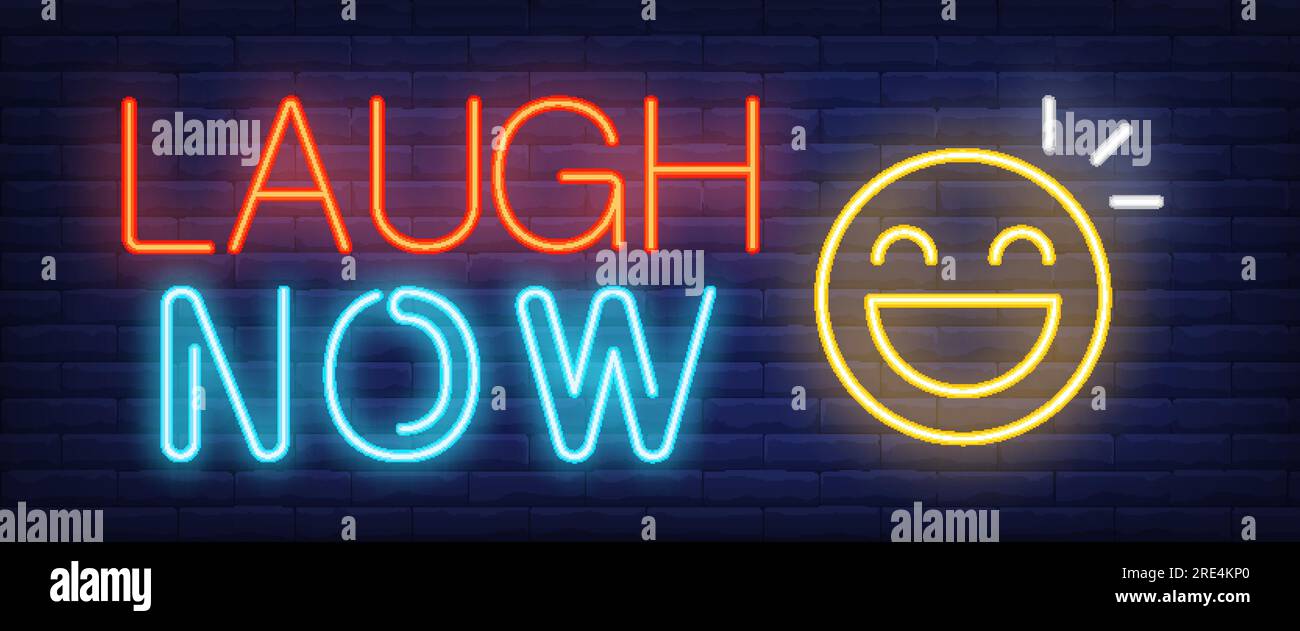 Laugh now neon sign. Happy emoji on brick background Stock Vector Image ...