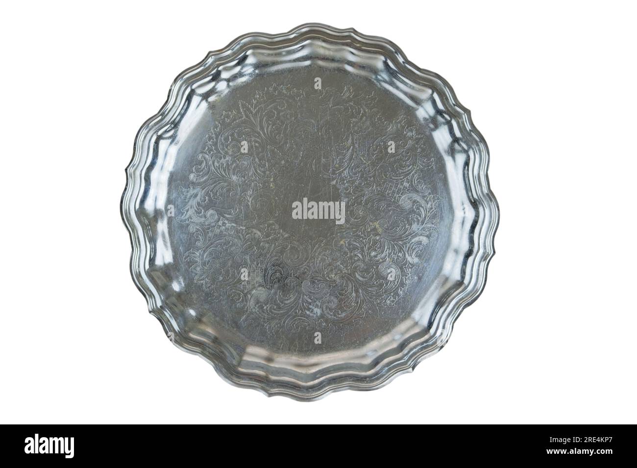 Old metal tray isolated on white background. Serving plate. Top view ...