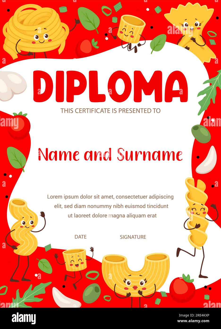 Kids diploma of cook. Italian pasta characters vector certificate of cooking class or school ...