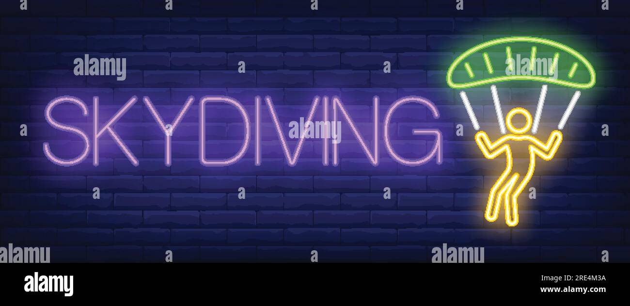 Skydiving neon sign. Paragliding man on brick background Stock Vector ...