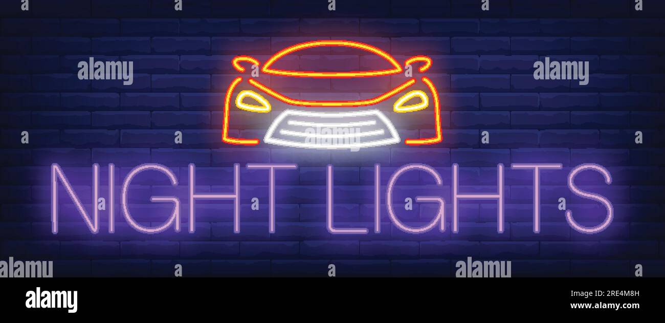 Night lights neon sign. Car front on brick background Stock Vector ...