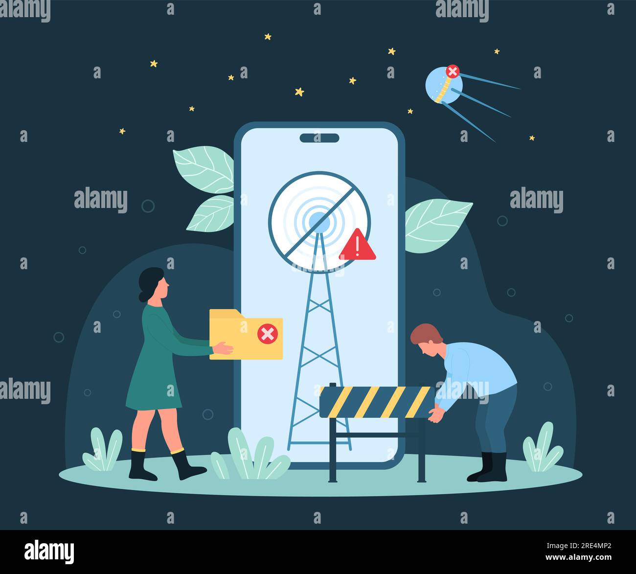 Cartoon tiny people holding folder and road barrier, antenna with ...