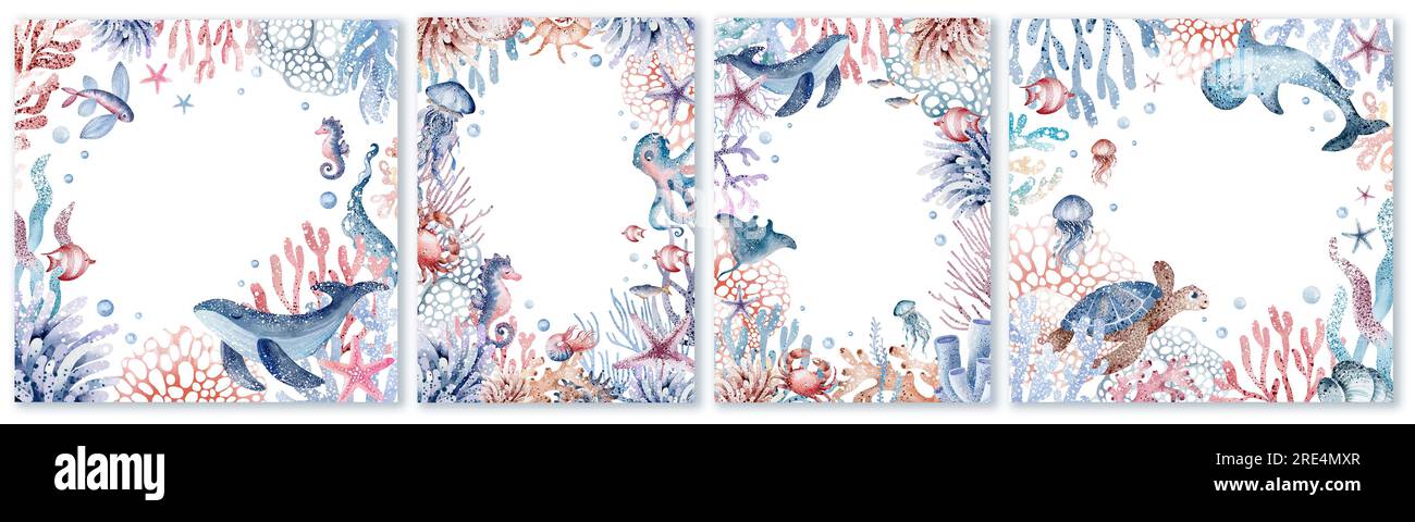 Set of cute postcards with sea animals. Collection of postcards with ...