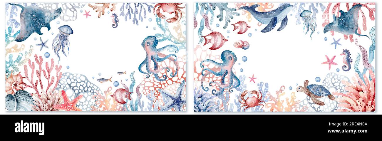 Set of cute postcards with sea animals. Collection of postcards with ...