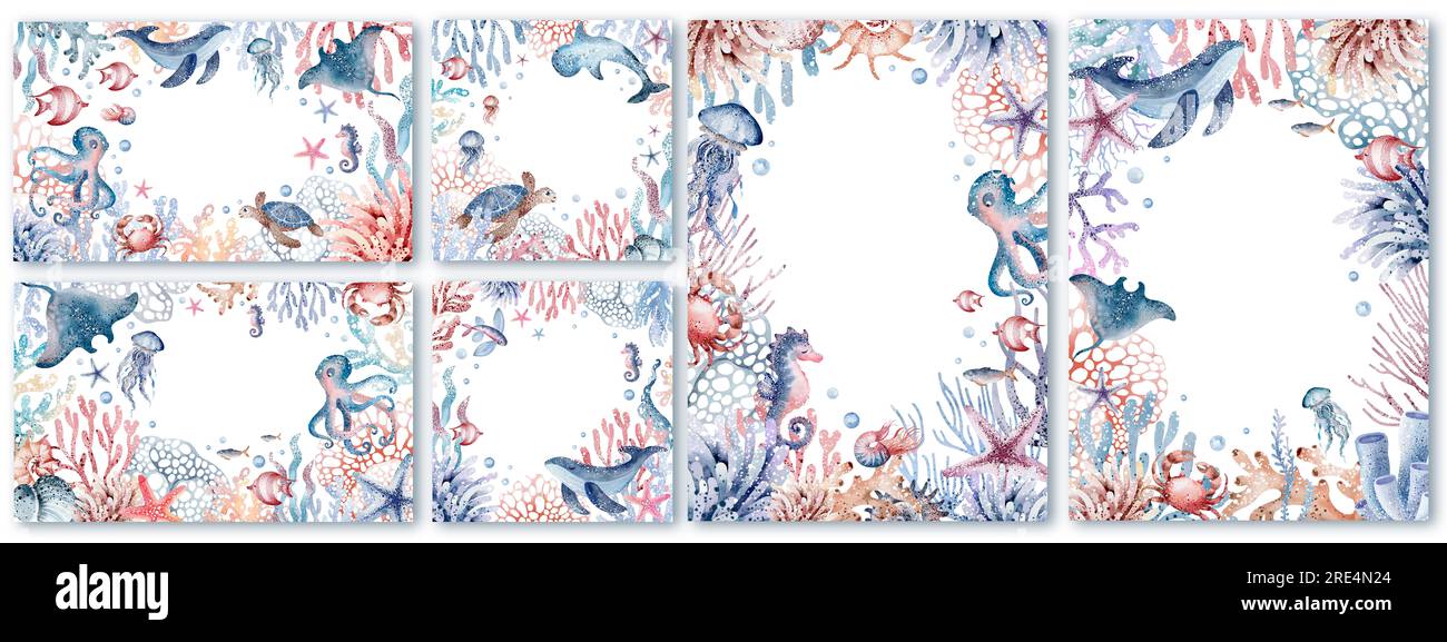 Set of cute postcards with sea animals. Collection of postcards with ...