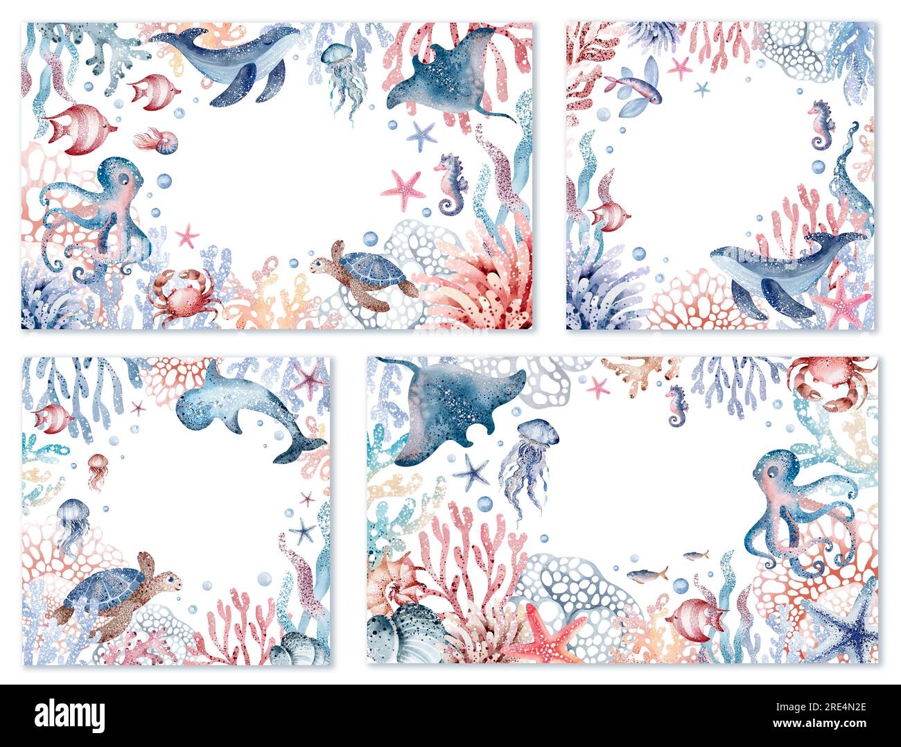 Set of cute postcards with sea animals. Collection of postcards with ...