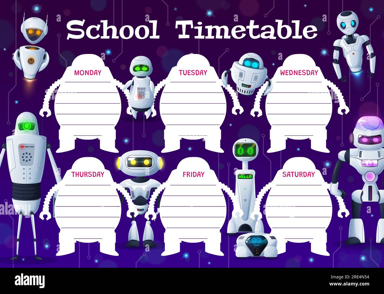 Education timetable schedule cartoon robots and droids vector template. Weekly planner design ...