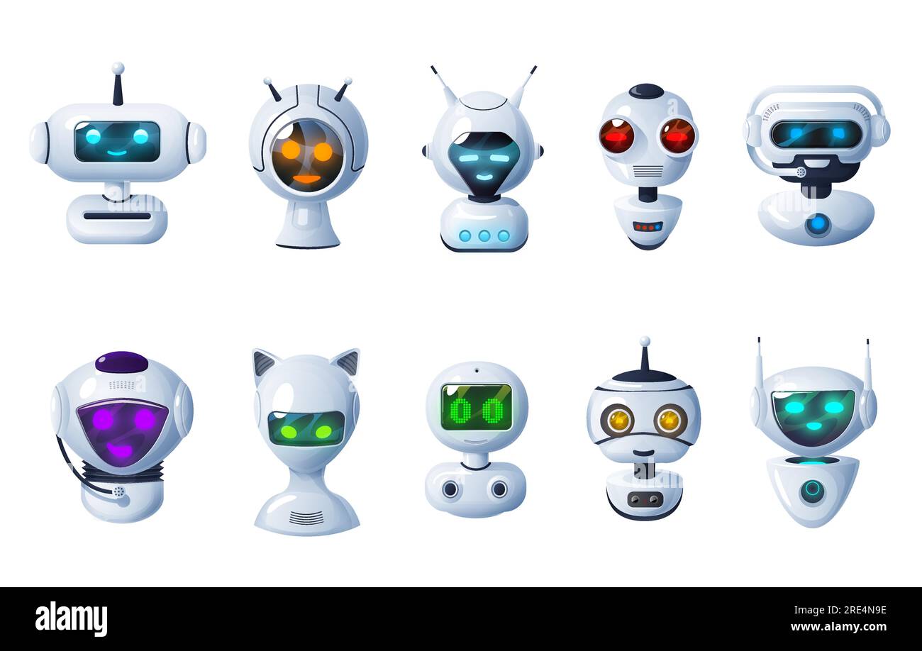 Chat bot icons, cartoon robots, vector cyborg heads with digital glow ...