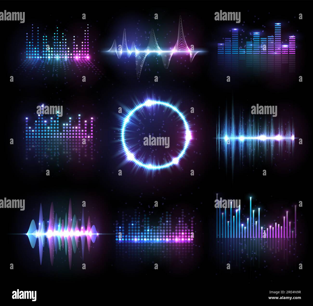 Music equalizers, isolated vector audio or radio waves, sound frequency lines and circle ...