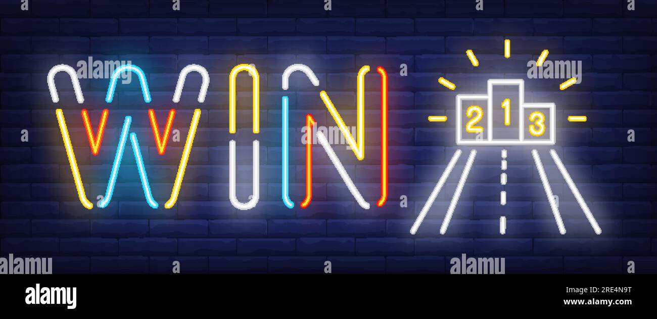 Win neon sign. Road to champion podium on brick background Stock Vector ...