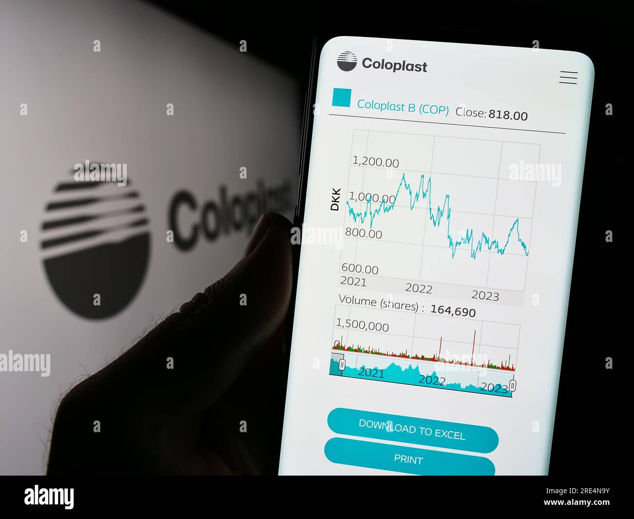 Person holding smartphone with website of Danish healthcare company ...