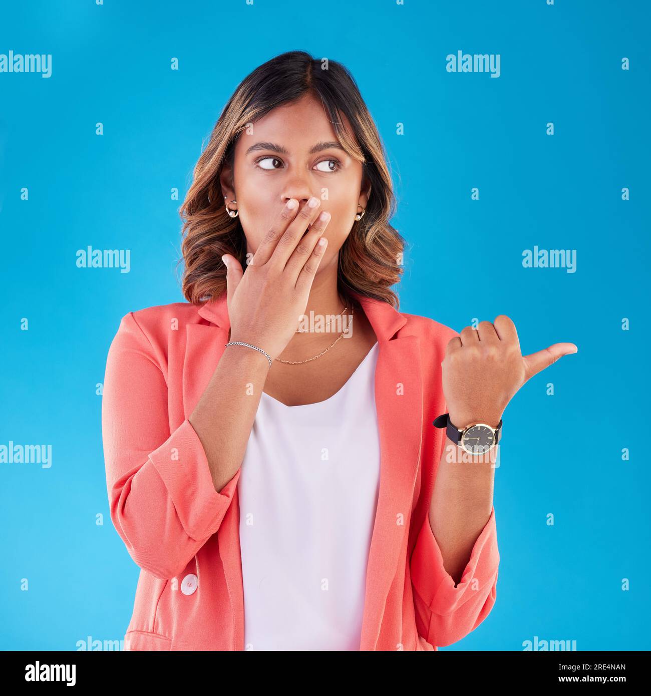 Shock, pointing and business woman in studio with secret for ...