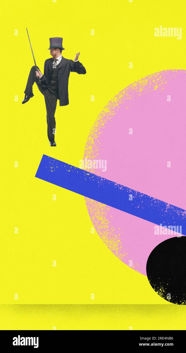 Contemporary abstract collage. Man jumping and balamsing on swing over ...