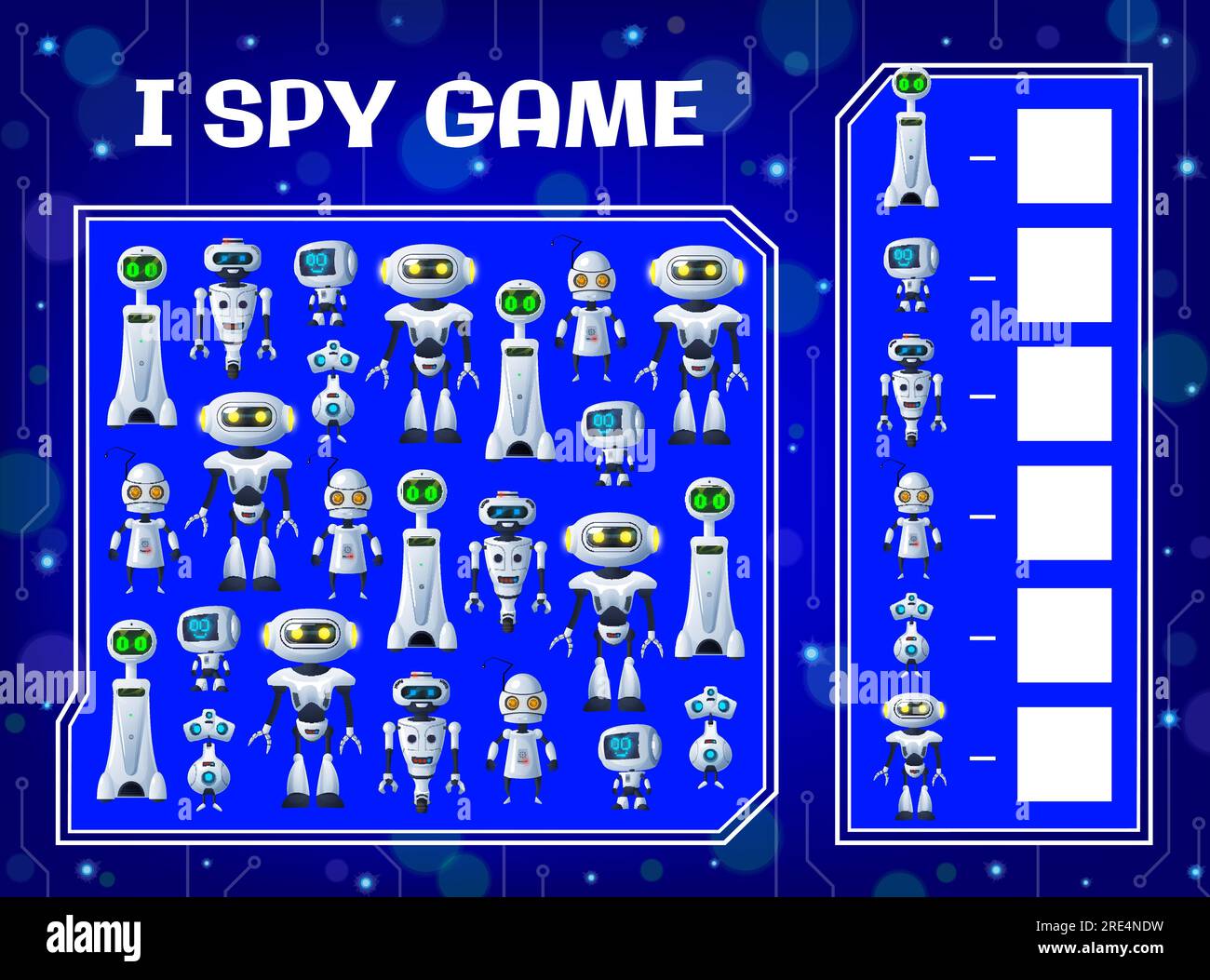 I spy kids game with cartoon robots and droids. Vector education puzzle ...