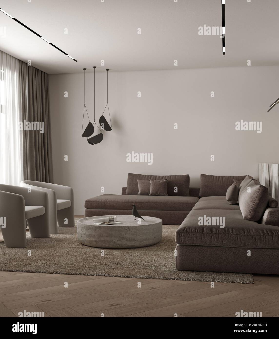 Grey classic minimalism interior livingroom with stone table, lamp ...