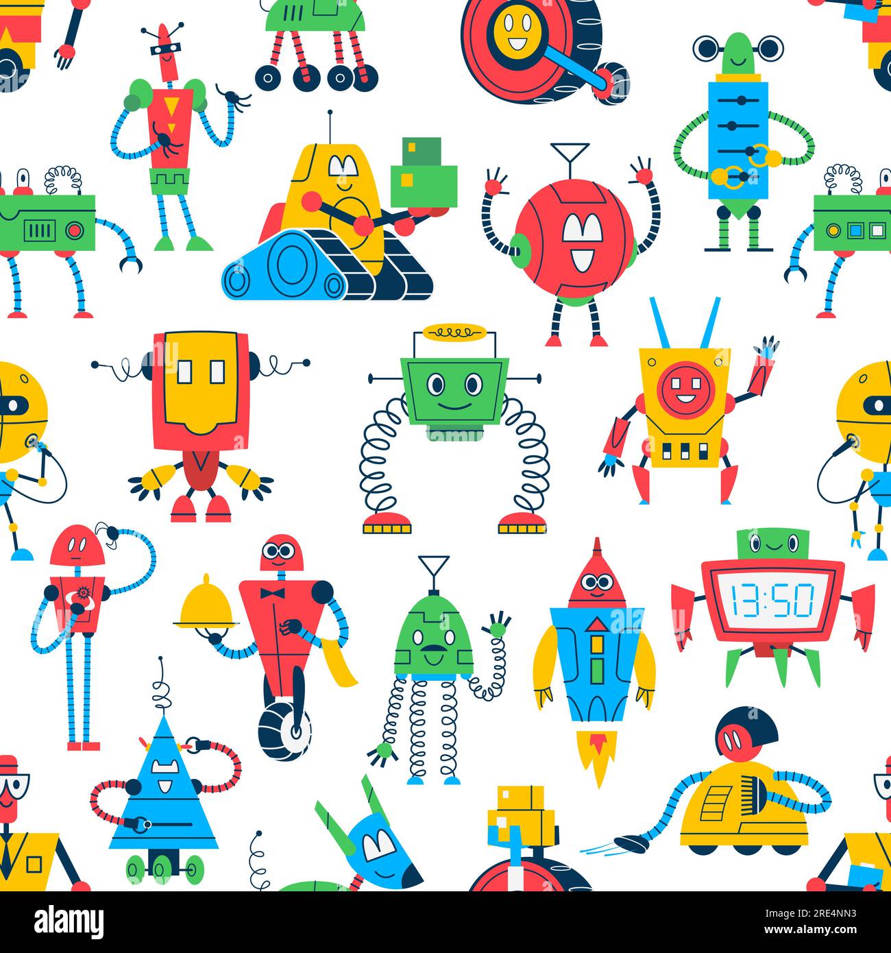 Cartoon robots seamless pattern with vector kids toys of space machines, android monsters and ...
