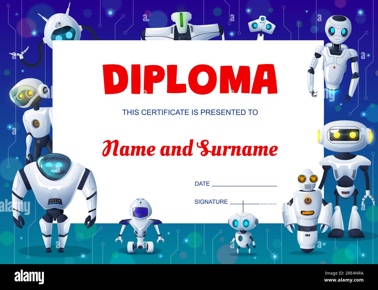 Kids education diploma with cartoon robots, cyborgs and droids vector ...