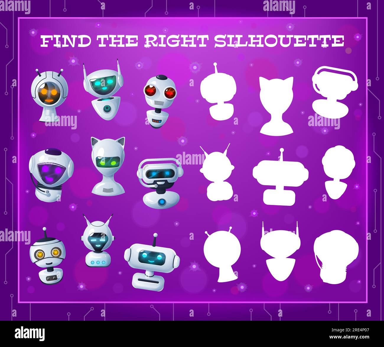 Find right robot silhouette, kids maze game or tabletop riddle, vector ...