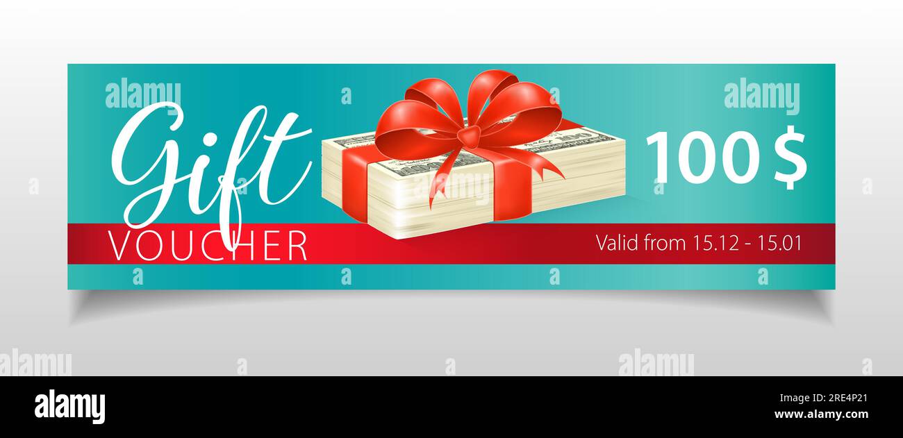 Gift Voucher lettering with dollar banknotes and ribbon Stock Vector ...