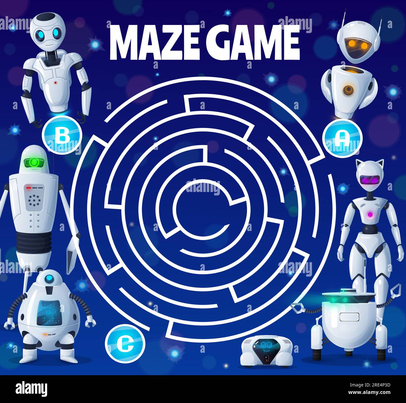 Kids labyrinth maze with robots and androids, vector board game. Find way maze labyrinth or ...