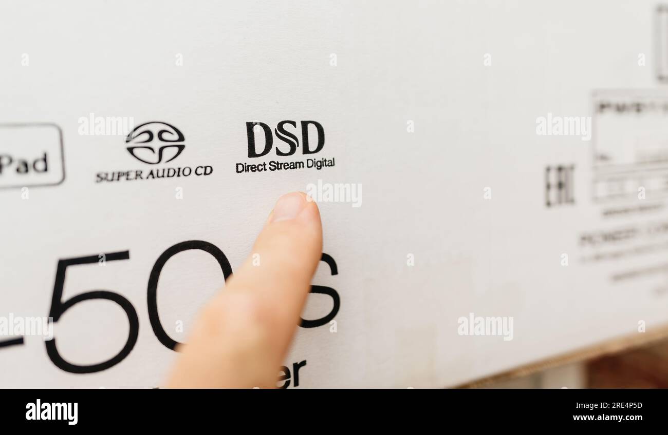 Hamburg, Germany - Jul 24, 2023: Male hand pointing to the DSD Direct ...