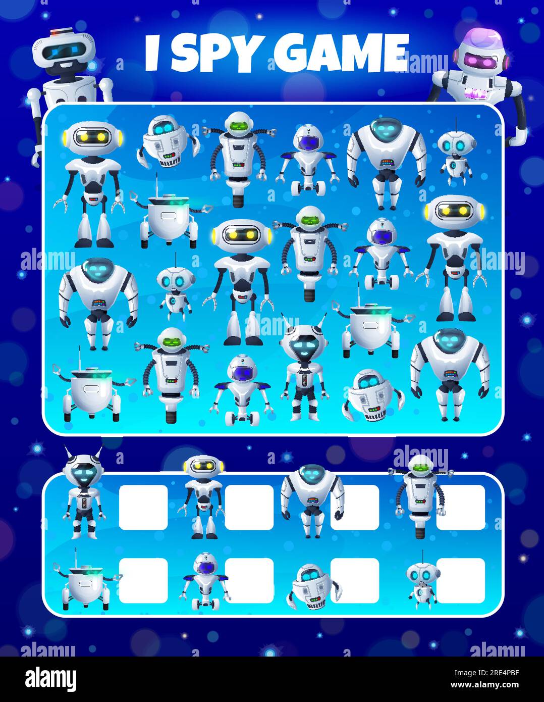 Cartoon robots and droids. Kids I spy education game, vector riddle ...