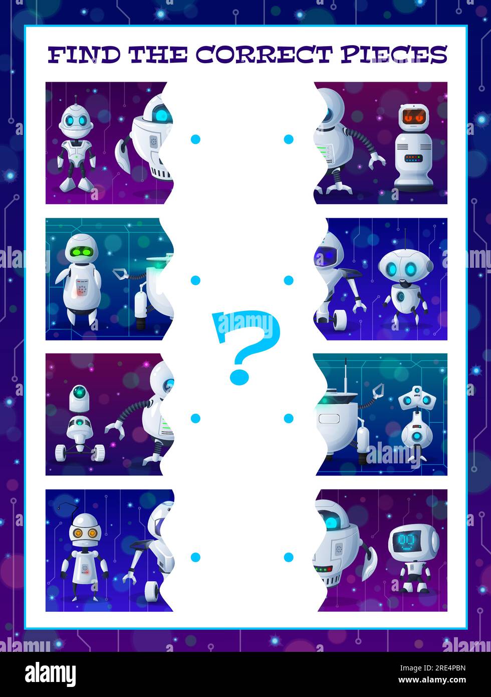 Find a piece of robot kids riddle game. Match the correct halves vector ...