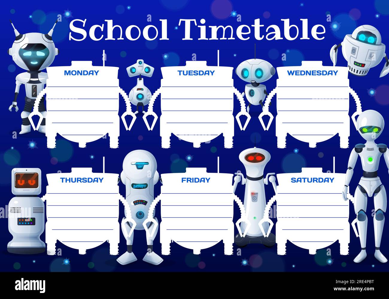Education timetable schedule robots, droids and cyborgs. Vector weekly planner template with ...