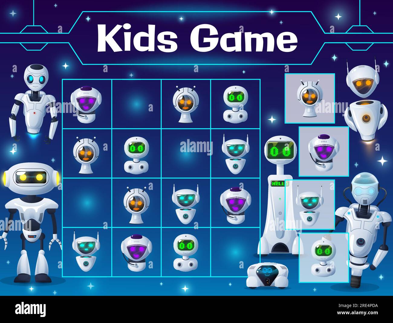 Kids sudoku game with cartoon robots and droids. Vector riddle with ai cyborgs. Educational ...