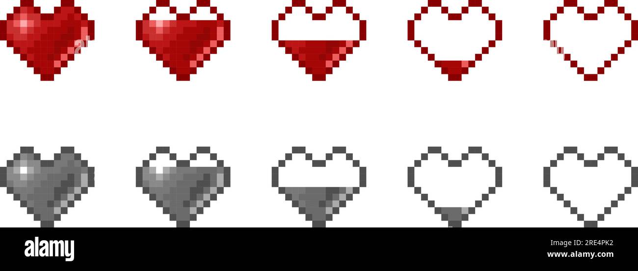 Hearts pixel art icons set. Red and grey hearts isolated. Vector ...