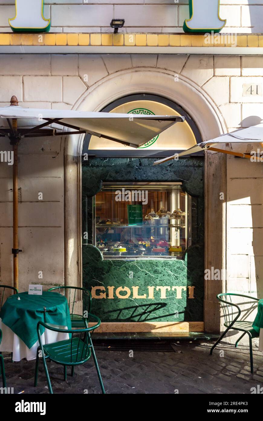 Rome, Lazio, Italy, A window of the famous gelateria Giolitti in Rome ...