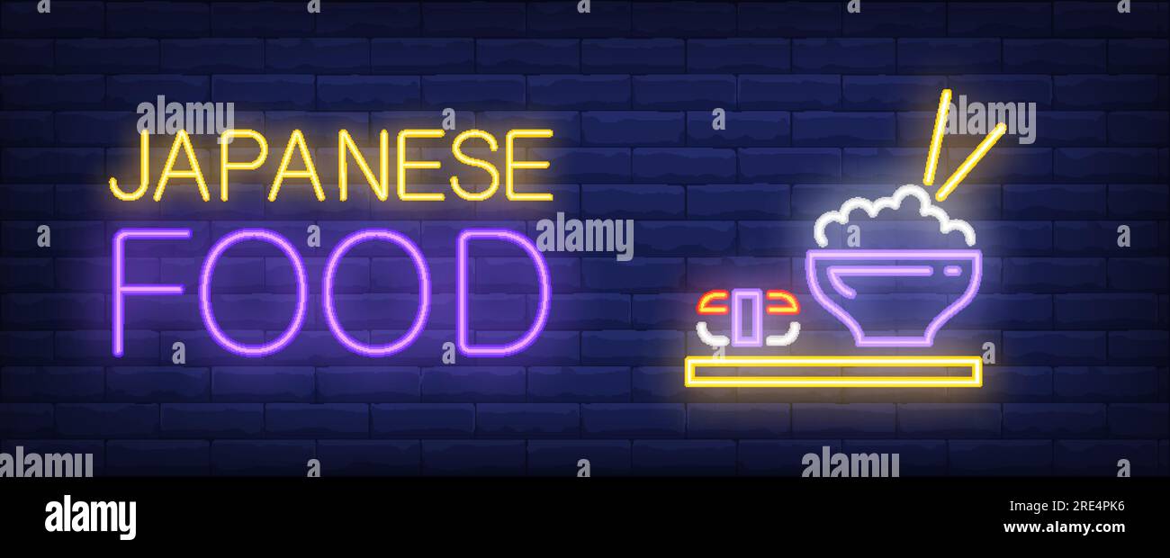 Japanese food neon sign. Bowl with rice and chopstick on table Stock ...